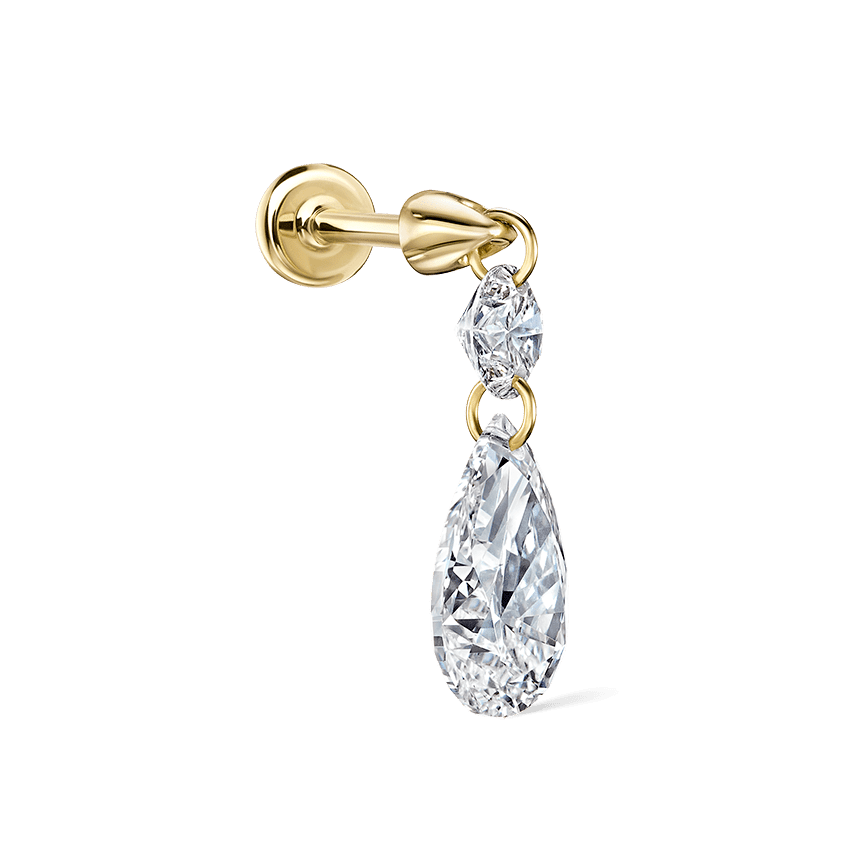 Floating Double Diamond Threaded Charm Earring Yellow Gold 3mm 7.5mm